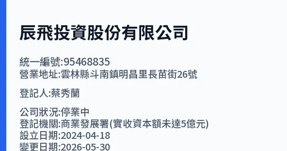 辰飛投資股份有限公司的照片-統編 95468835(雲林縣) 公司登記資料與營業項目詳細圖表