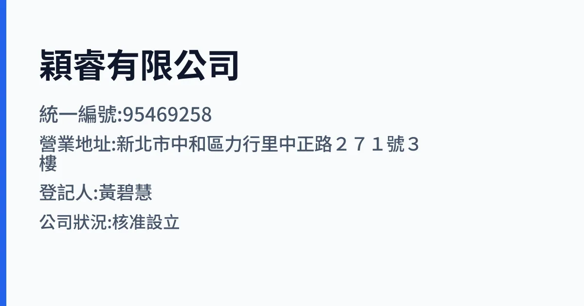 穎睿有限公司 - 統編 95469258(臺北市) 公司登記資料與營業項目詳細圖表