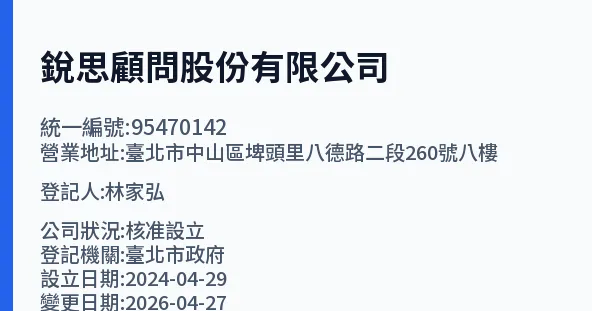 銳思顧問股份有限公司的照片-統編 95470142(臺北市) 公司登記資料與營業項目詳細圖表
