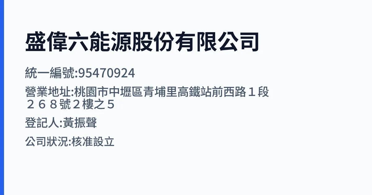 盛偉六能源股份有限公司 - 統編 95470924(桃園市) 公司登記資料與營業項目詳細圖表