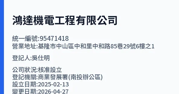 鴻達機電工程有限公司的照片-統編 95471418(基隆市) 公司登記資料與營業項目詳細圖表