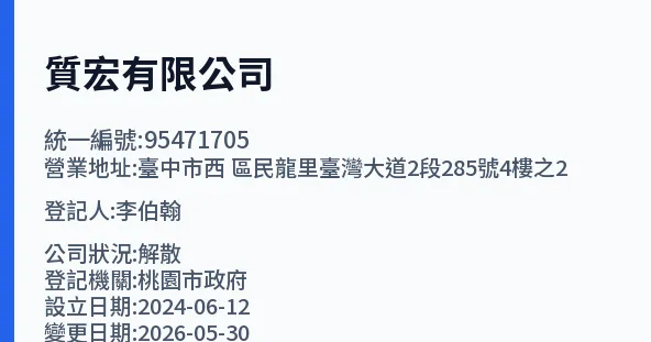 質宏有限公司的照片-統編 95471705(臺中市) 公司登記資料與營業項目詳細圖表