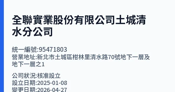 全聯實業股份有限公司土城清水分公司的照片-統編 95471803(新北市) 公司登記資料與營業項目詳細圖表