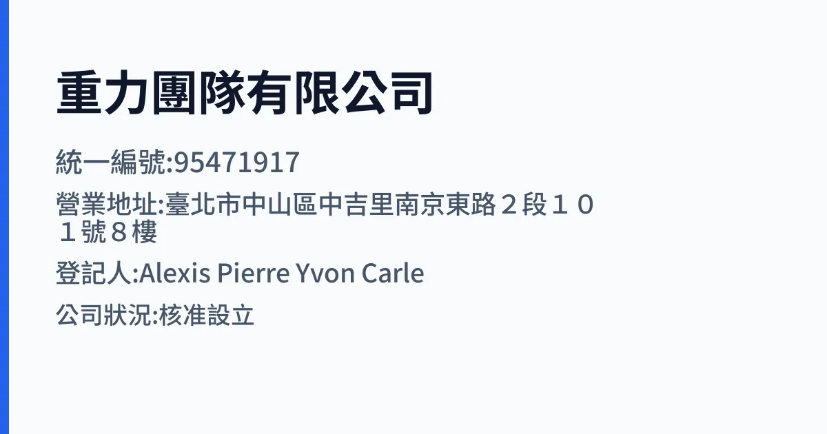 重力團隊有限公司 - 統編 95471917(臺北市) 公司登記資料與營業項目詳細圖表