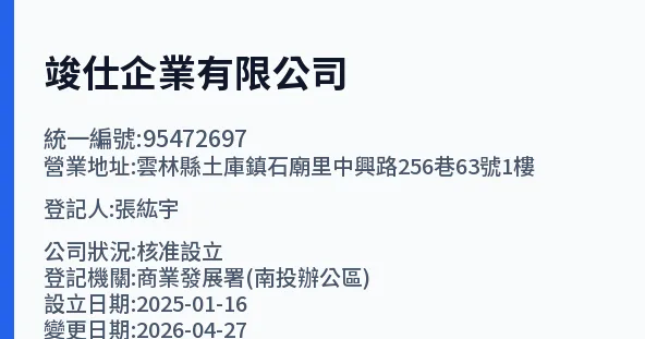 竣仕企業有限公司的照片-統編 95472697(雲林縣) 公司登記資料與營業項目詳細圖表