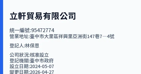 立軒貿易有限公司的照片-統編 95472774(臺中市) 公司登記資料與營業項目詳細圖表