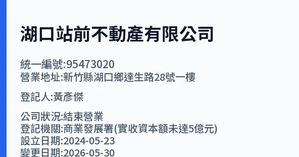 湖口站前不動產有限公司的照片-統編 95473020(新竹縣) 公司登記資料與營業項目詳細圖表