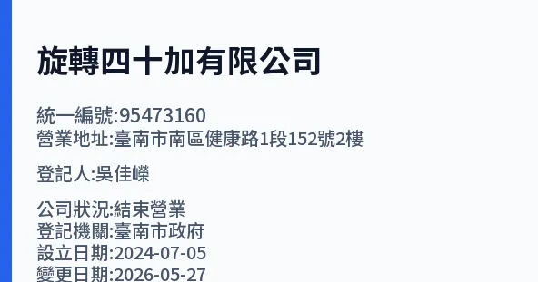 旋轉四十加有限公司的照片-統編 95473160(臺南市) 公司登記資料與營業項目詳細圖表