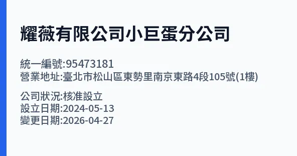 耀薇有限公司小巨蛋分公司的照片-統編 95473181(臺北市) 公司登記資料與營業項目詳細圖表