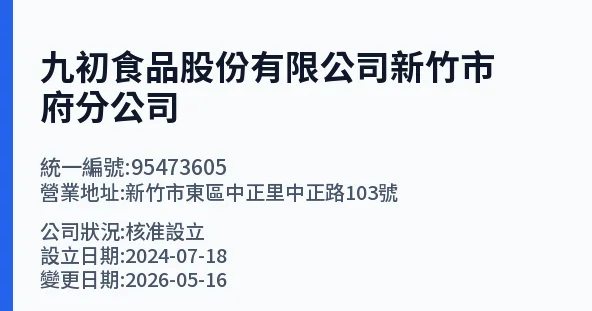 九初食品股份有限公司新竹市府分公司的照片-統編 95473605(新竹市) 公司登記資料與營業項目詳細圖表