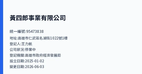 黃四郎事業有限公司的照片-統編 95473838(高雄市) 公司登記資料與營業項目詳細圖表
