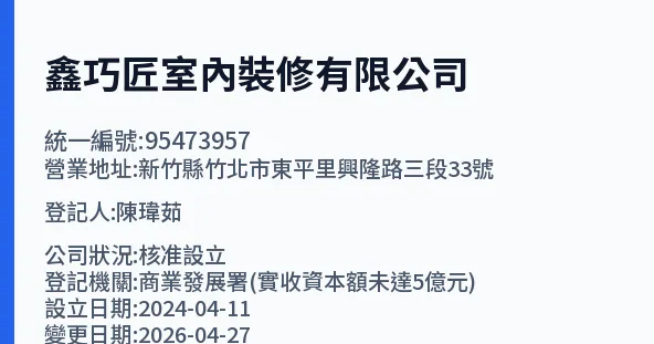 鑫巧匠室內裝修有限公司的照片-統編 95473957(新竹縣) 公司登記資料與營業項目詳細圖表