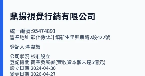 鼎揚視覺行銷有限公司的照片-統編 95474891(彰化縣) 公司登記資料與營業項目詳細圖表