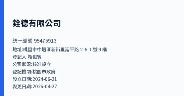 銓德有限公司的照片-統編 95475913(桃園市) 公司登記資料與營業項目詳細圖表