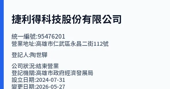 捷利得科技股份有限公司的照片-統編 95476201(高雄市) 公司登記資料與營業項目詳細圖表