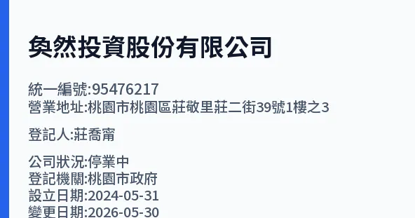 奐然投資股份有限公司的照片-統編 95476217(桃園市) 公司登記資料與營業項目詳細圖表