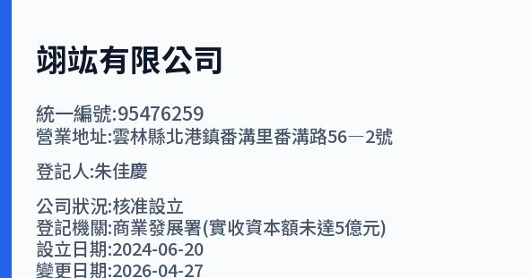 翊竑有限公司的照片-統編 95476259(雲林縣) 公司登記資料與營業項目詳細圖表