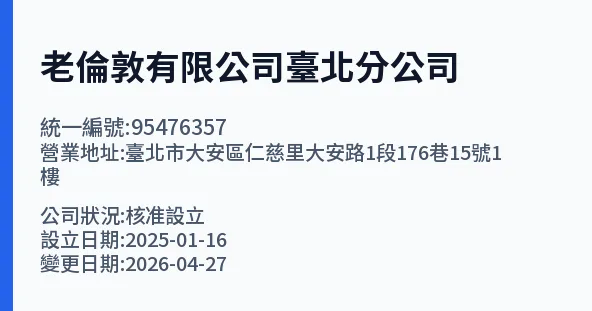 老倫敦有限公司臺北分公司的照片-統編 95476357(臺北市) 公司登記資料與營業項目詳細圖表