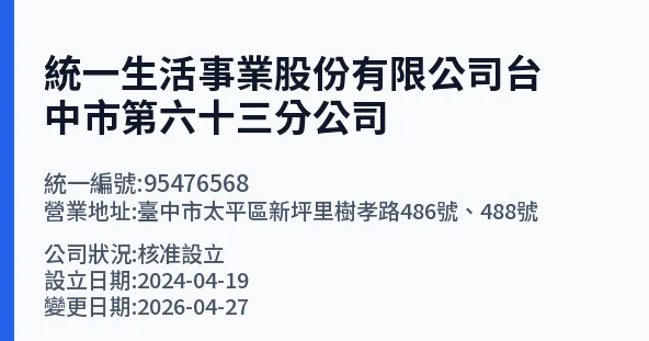 統一生活事業股份有限公司台中市第六十三分公司的照片-統編 95476568(臺中市) 公司登記資料與營業項目詳細圖表