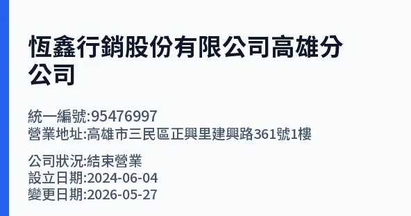 恆鑫行銷股份有限公司高雄分公司的照片-統編 95476997(高雄市) 公司登記資料與營業項目詳細圖表