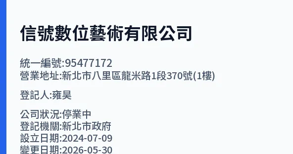 信號數位藝術有限公司的照片-統編 95477172(新北市) 公司登記資料與營業項目詳細圖表