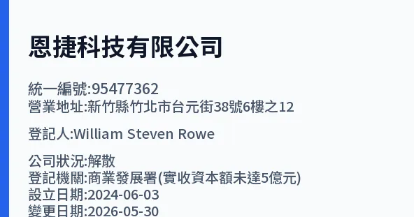恩捷科技有限公司的照片-統編 95477362(新竹縣) 公司登記資料與營業項目詳細圖表