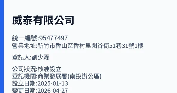 威泰有限公司的照片-統編 95477497(新竹市) 公司登記資料與營業項目詳細圖表
