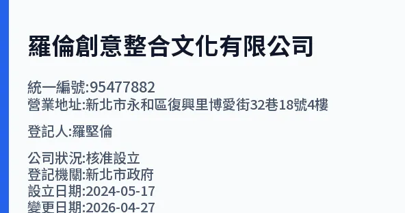 羅倫創意整合文化有限公司的照片-統編 95477882(新北市) 公司登記資料與營業項目詳細圖表
