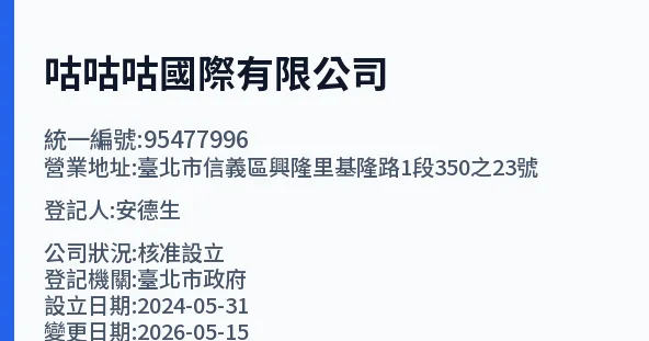 咕咕咕國際有限公司的照片-統編 95477996(臺北市) 公司登記資料與營業項目詳細圖表