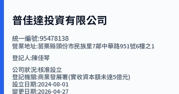 普佳達投資有限公司的照片-統編 95478138(苗栗縣) 公司登記資料與營業項目詳細圖表
