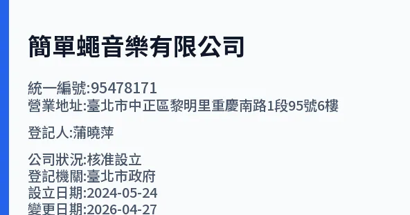 簡單蠅音樂有限公司的照片-統編 95478171(臺北市) 公司登記資料與營業項目詳細圖表
