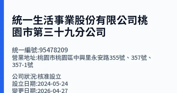 統一生活事業股份有限公司桃園市第三十九分公司的照片-統編 95478209(桃園市) 公司登記資料與營業項目詳細圖表