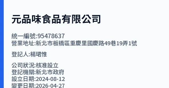 元品味食品有限公司的照片-統編 95478637(新北市) 公司登記資料與營業項目詳細圖表