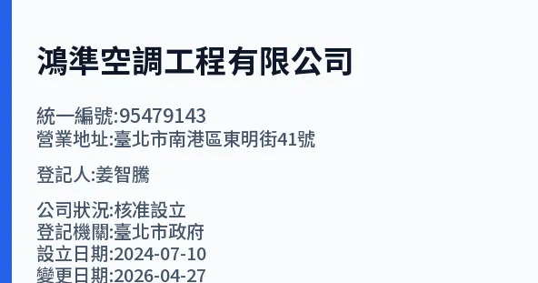 鴻準空調工程有限公司的照片-統編 95479143(臺北市) 公司登記資料與營業項目詳細圖表