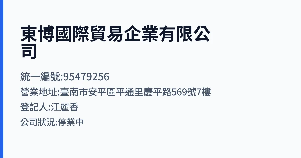 東博國際貿易企業有限公司 - 統編 95479256(臺南市) 公司登記資料與營業項目詳細圖表