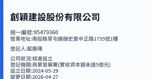 創穎建設股份有限公司的照片-統編 95479360(南投縣) 公司登記資料與營業項目詳細圖表