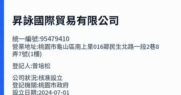 昇詠國際貿易有限公司的照片-統編 95479410(桃園市) 公司登記資料與營業項目詳細圖表
