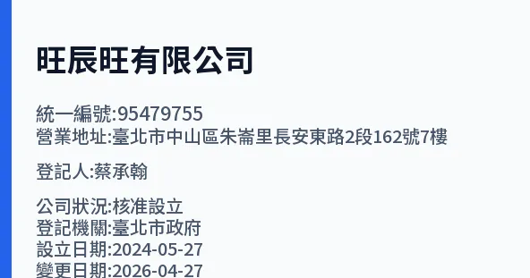 旺辰旺有限公司的照片-統編 95479755(臺北市) 公司登記資料與營業項目詳細圖表