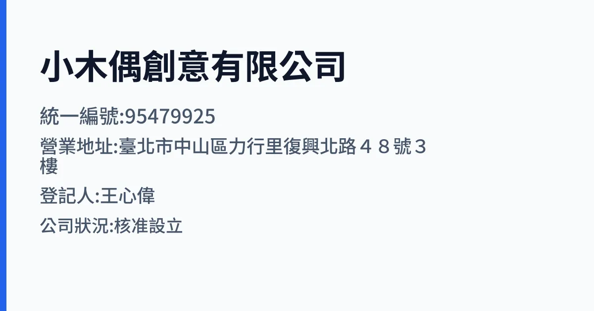 小木偶創意有限公司 - 統編 95479925(臺北市) 公司登記資料與營業項目詳細圖表