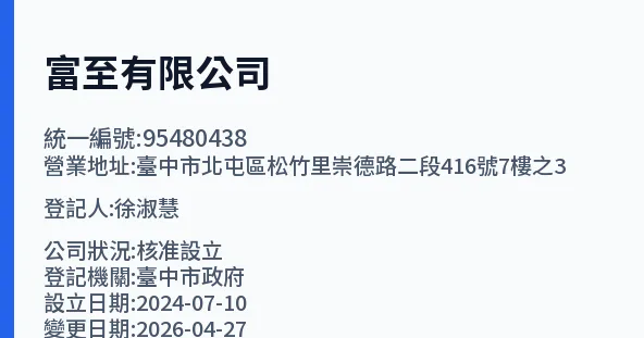 富至有限公司的照片-統編 95480438(臺中市) 公司登記資料與營業項目詳細圖表