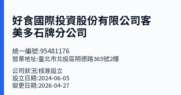 好食國際投資股份有限公司客美多石牌分公司的照片-統編 95481176(臺北市) 公司登記資料與營業項目詳細圖表