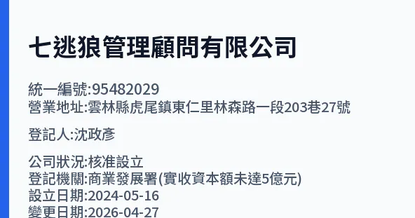 七逃狼管理顧問有限公司的照片-統編 95482029(雲林縣) 公司登記資料與營業項目詳細圖表