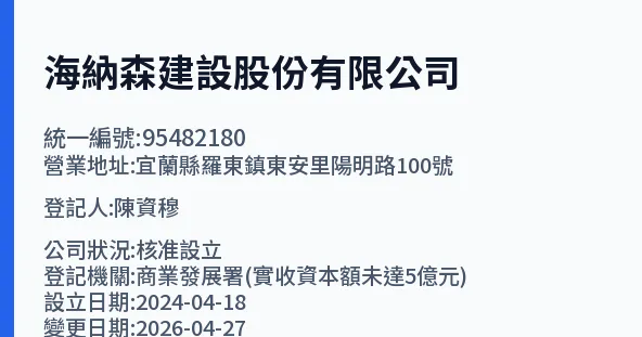 海納森建設股份有限公司的照片-統編 95482180(宜蘭縣) 公司登記資料與營業項目詳細圖表