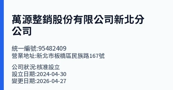 萬源整銷股份有限公司新北分公司的照片-統編 95482409(新北市) 公司登記資料與營業項目詳細圖表