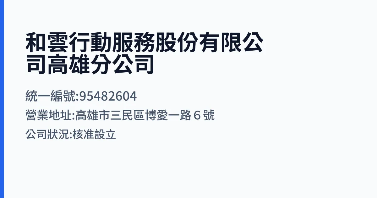 和雲行動服務股份有限公司高雄分公司 - 統編 95482604（高雄市） 公司登記資料與營業項目詳細圖表