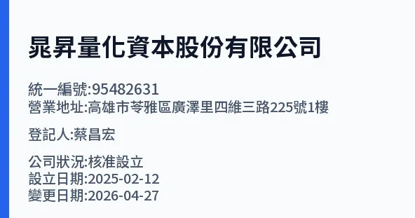 晁昇量化資本股份有限公司的照片-統編 95482631(高雄市) 公司登記資料與營業項目詳細圖表