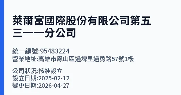 萊爾富國際股份有限公司第五三一一分公司的照片-統編 95483224(高雄市) 公司登記資料與營業項目詳細圖表