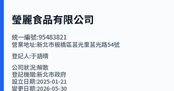 瑩麗食品有限公司的照片-統編 95483821(新北市) 公司登記資料與營業項目詳細圖表