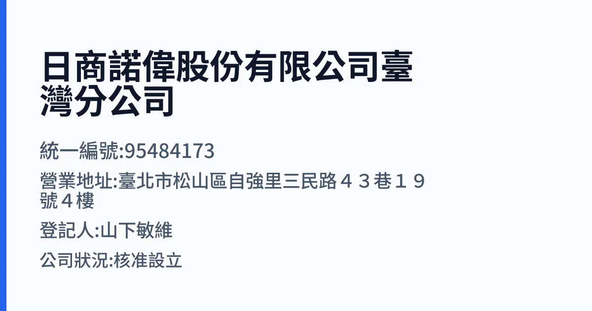 日商諾偉股份有限公司臺灣分公司 - 統編 95484173（臺北市） 公司登記資料與營業項目詳細圖表