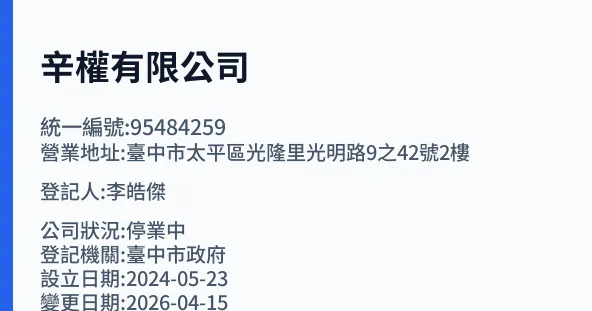 辛權有限公司的照片-統編 95484259(臺中市) 公司登記資料與營業項目詳細圖表